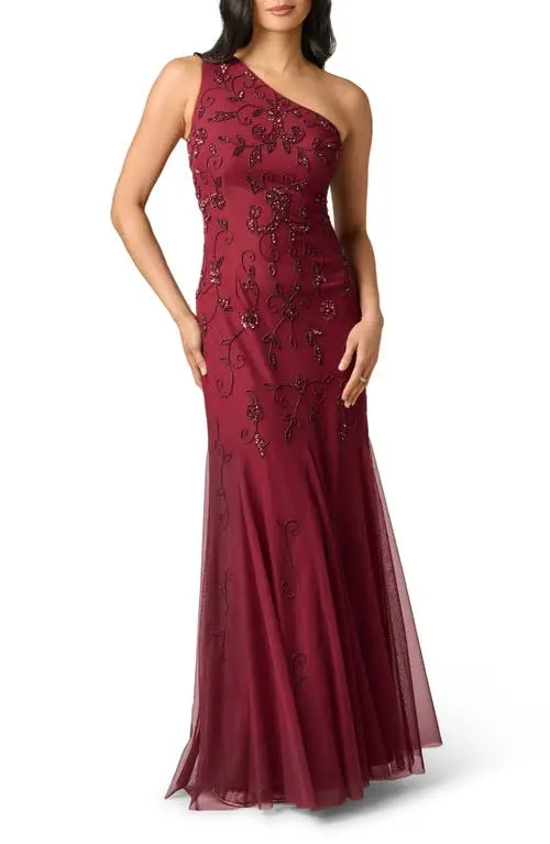 Adrianna Papell Beaded One-shoulder Godet Gown