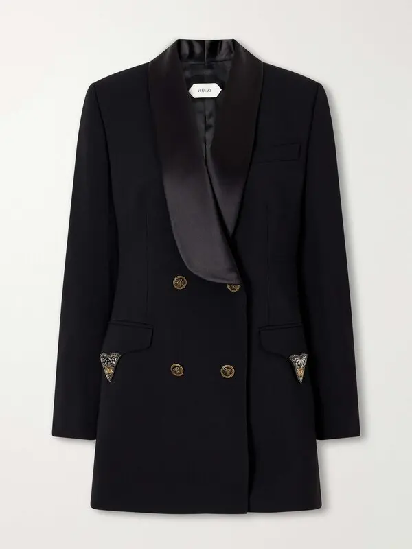 Versace Double-breasted Embellished Satin-trimmed Stretch-wool Mini Dress