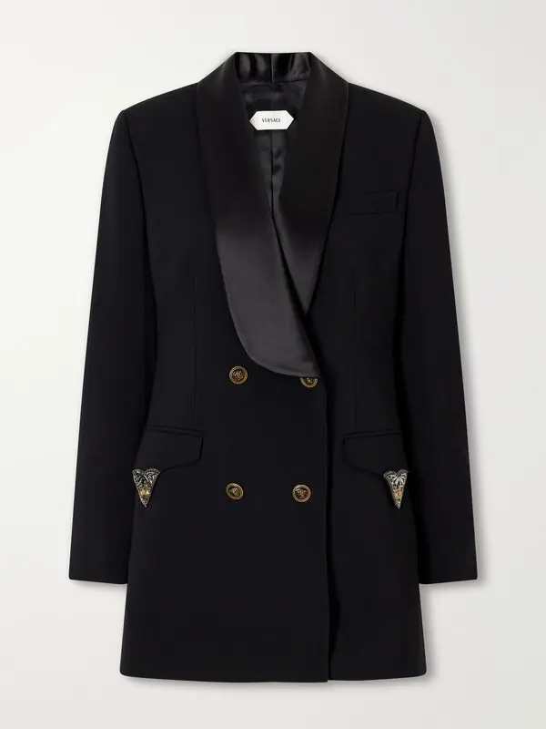 Versace Double-breasted Embellished Stretch-wool Mini Dress - Black