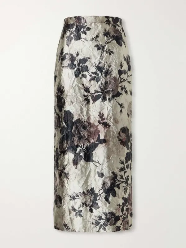 Erdem Floral-print Crinkle Satin Midi Skirt