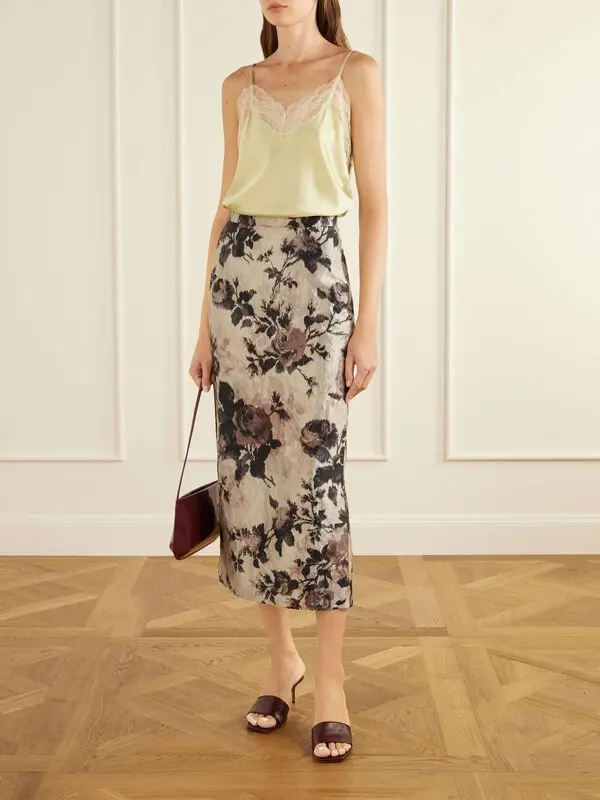 Erdem Floral-print Crinkle Satin Midi Skirt