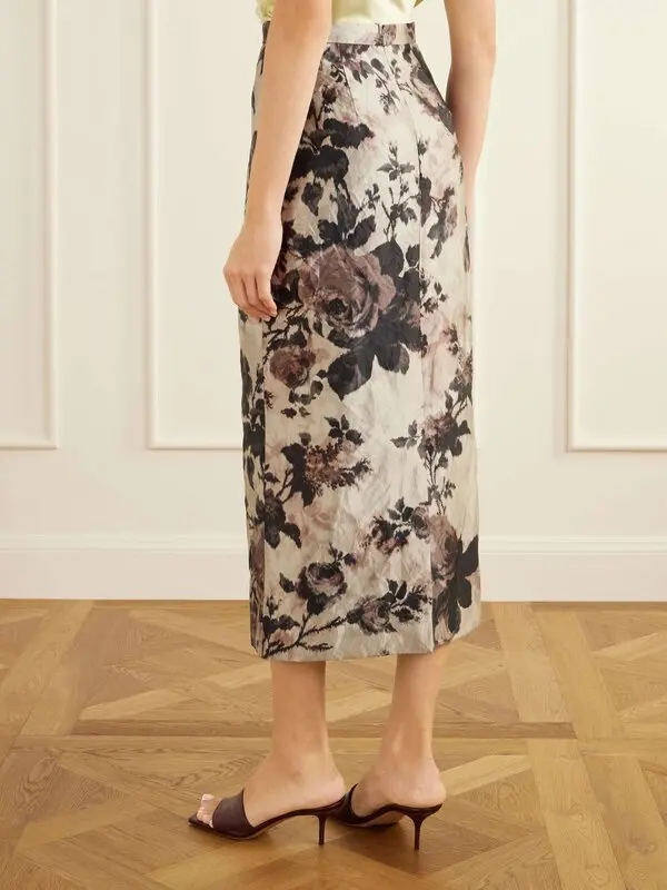 Erdem Floral-print Crinkle Satin Midi Skirt