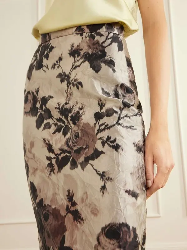Erdem Floral-print Crinkle Satin Midi Skirt