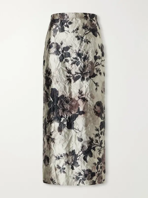 Erdem Floral Print Crinkle Satin Midi Skirt - Gray