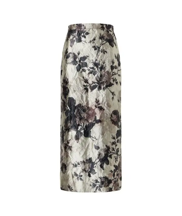 Erdem Floral Print Crinkle Satin Midi Skirt - Gray