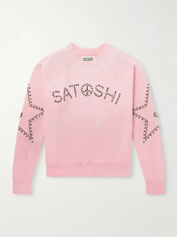 SATOSHI NAKAMOTO Distressed Studded Cotton-jersey Sweatshirt
