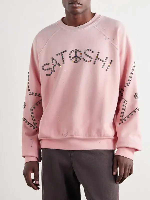 SATOSHI NAKAMOTO Distressed Studded Cotton-jersey Sweatshirt