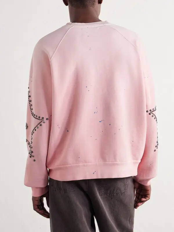 SATOSHI NAKAMOTO Distressed Studded Cotton-jersey Sweatshirt