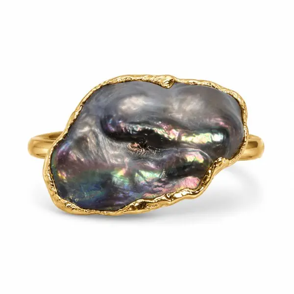 BY OZGE Black / Gold Mystic Black Pearl Gold Plated Adjustable Ring Black