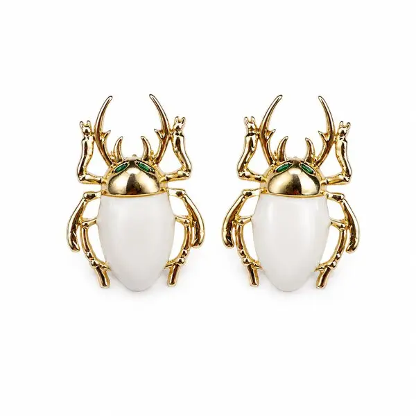 BY OZGE White / Gold Golden Scarab White Enamel Stud Earrings White