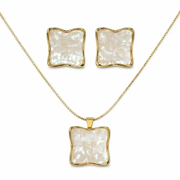 BY OZGE Mother Of Pearl Enamel Gold Plated Necklace And Stud Earrings Set - White/gold