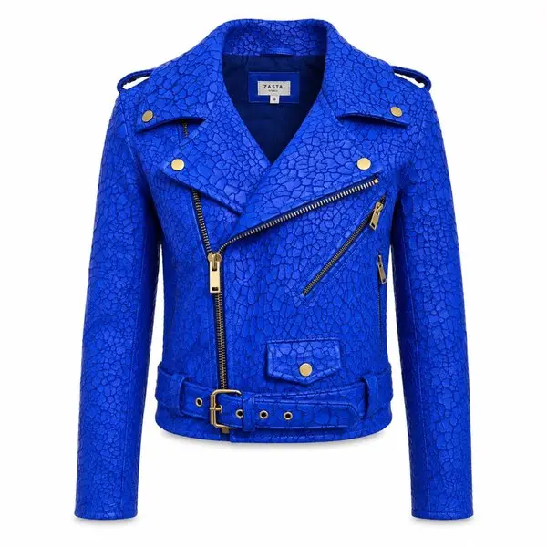 ZASTASTUDIO Cracked Horizon Leather Crop Biker Jacket - Blue
