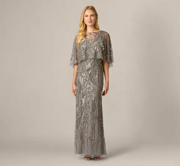 Adrianna Papell Beaded Cape V Neck Long Dress - Sterling