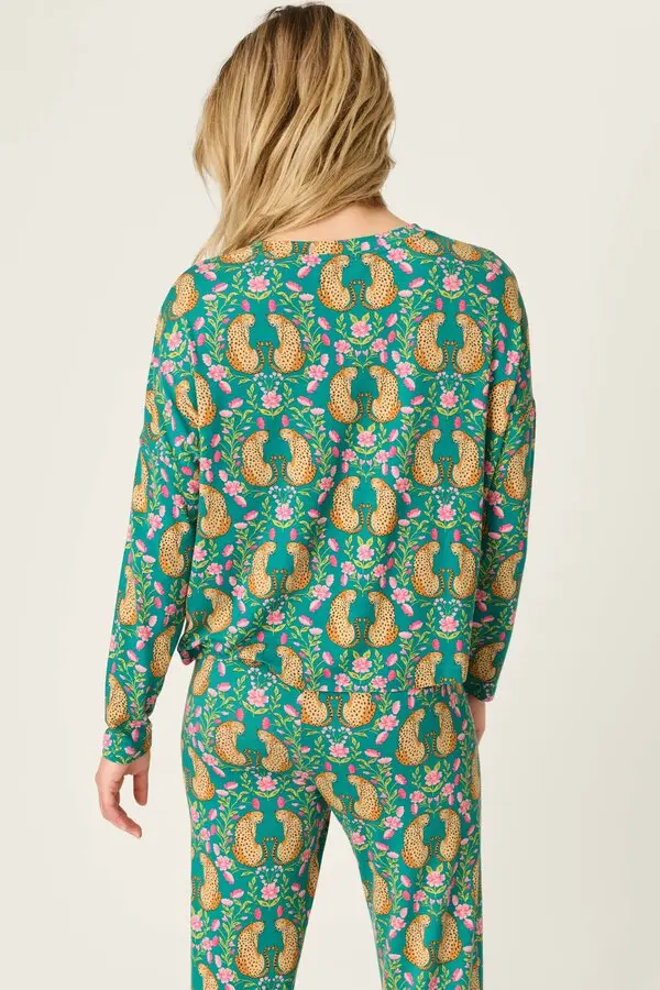 PJ Salvage Cheetah Bonita Dreams Long Sleeve Top - Teal Blue