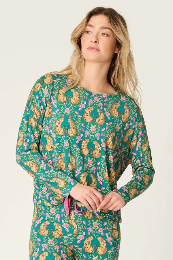 PJ Salvage Cheetah Bonita Dreams Long Sleeve Top - Teal Blue