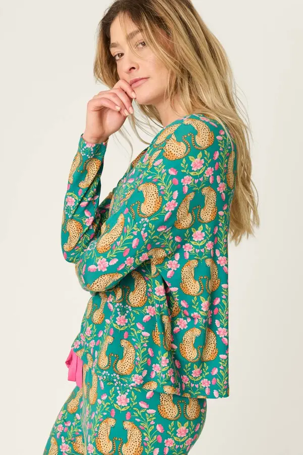 PJ Salvage Cheetah Bonita Dreams Long Sleeve Top - Teal Blue