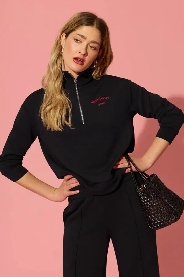PJ Salvage C'est La Vie" Embroidered Cotton Blend Quarter-zip Sweatshirt