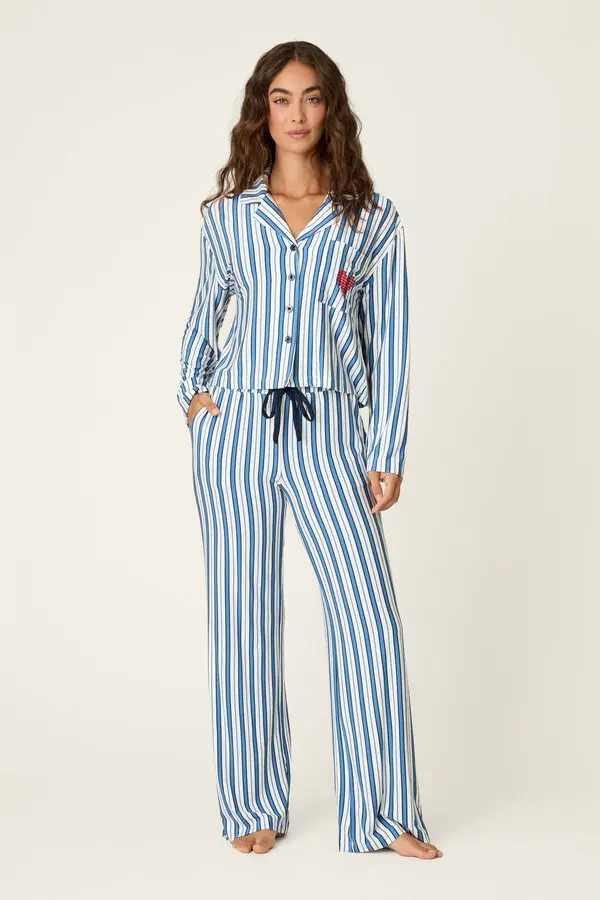 PJ Salvage Soiree Dreams Blue Stripe Long Sleeve Pajama Set