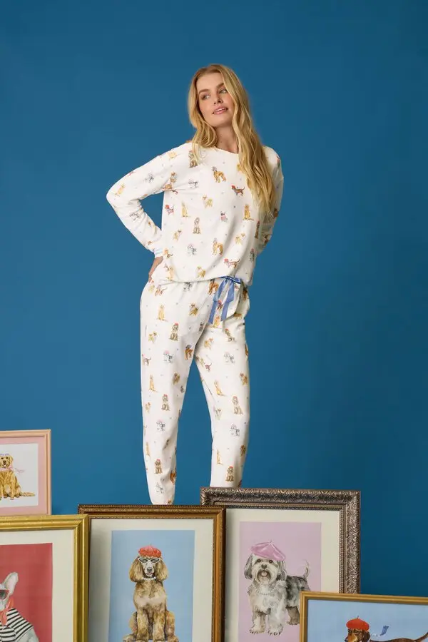 PJ Salvage Meet Me In Pawris Dog Print Long Sleeve Pajama Set - Ivory
