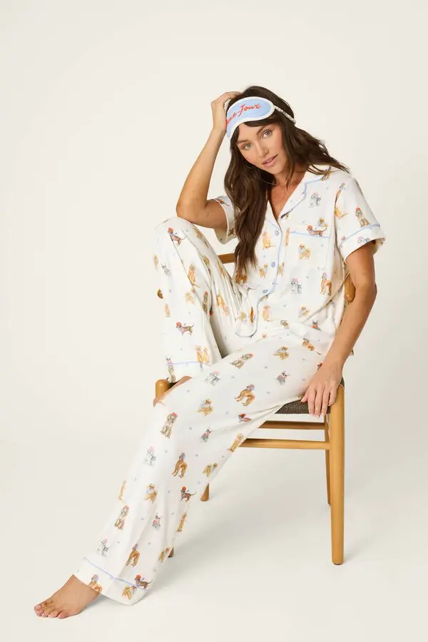 PJ Salvage Meet Me In Pawris Dog Print 3-piece Pajama Set - Ivory