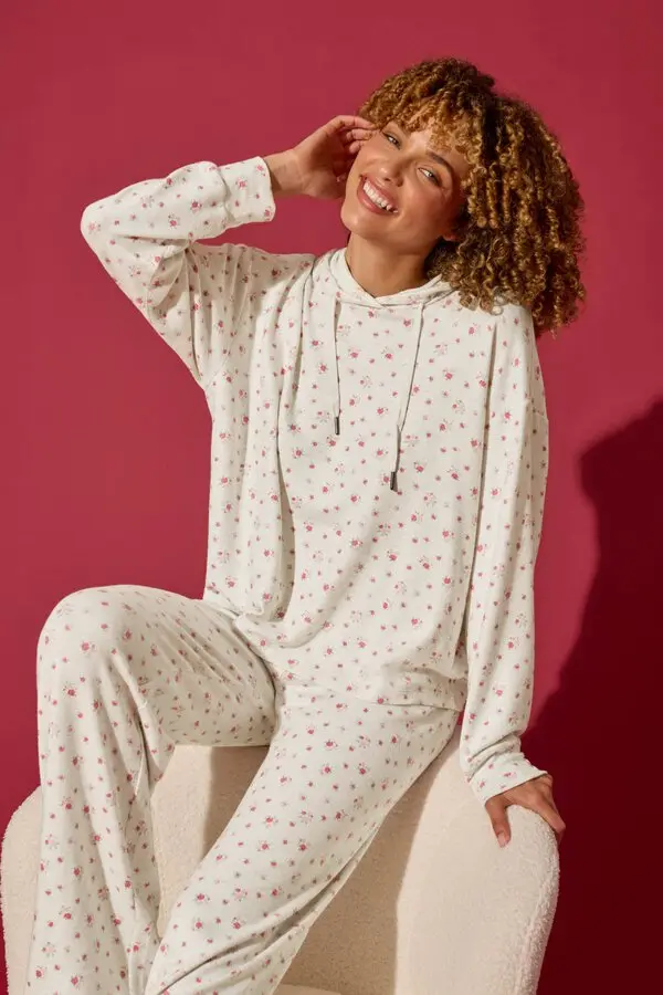 PJ Salvage Romantic Rose Ditsy Floral Print Hoodie - Heather Cloud