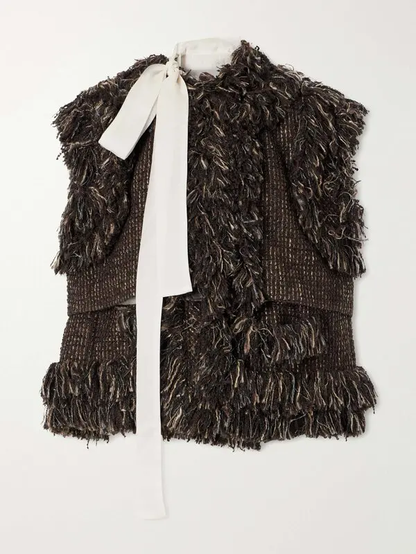 Sacai Bow-detailed Fringed Wool-blend Tweed Vest