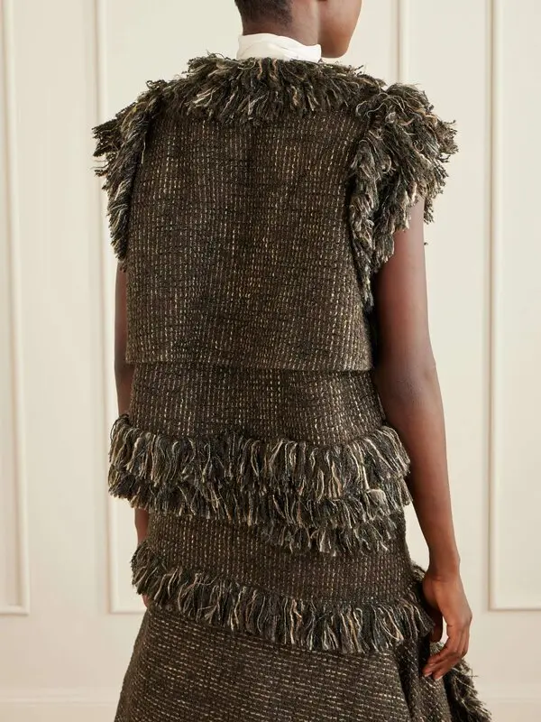Sacai Bow-detailed Fringed Wool-blend Tweed Vest