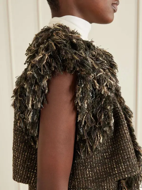 Sacai Bow-detailed Fringed Wool-blend Tweed Vest