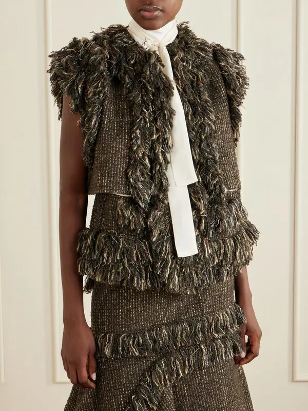 Sacai Bow-detailed Fringed Wool-blend Tweed Vest