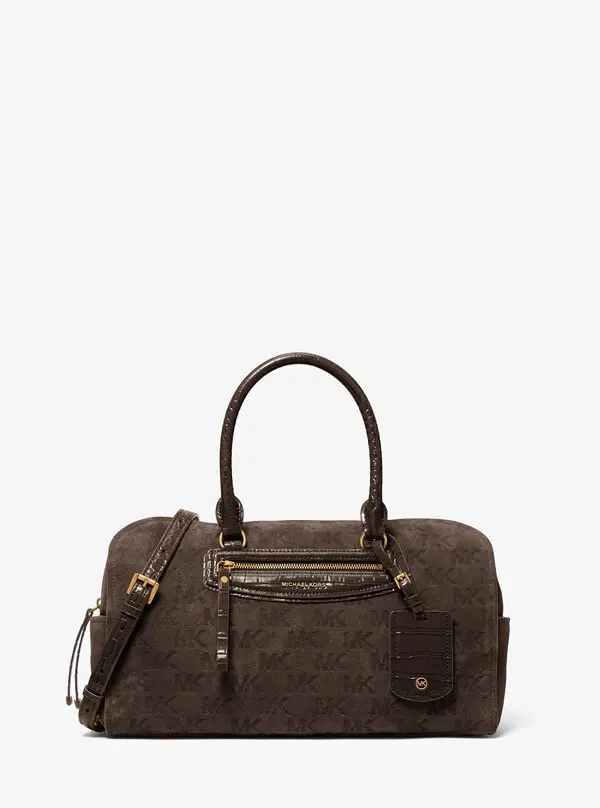 Michael Kors Jet Set Travel Medium Logo Embossed Suede Duffel Crossbody Bag - Brown