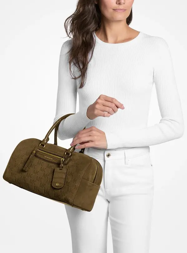Michael Kors Jet Set Travel Medium Logo Embossed Suede Duffel Crossbody Bag - Green