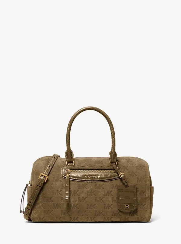 Michael Kors Jet Set Travel Medium Logo Embossed Suede Duffel Crossbody Bag - Green