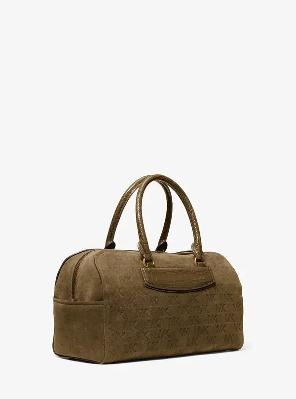 Michael Kors Jet Set Travel Medium Logo Embossed Suede Duffel Crossbody Bag - Green
