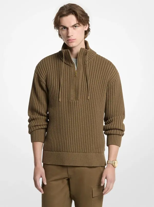 Michael Kors Textured Cotton Blend Funnel-neck Quarter Zip Sweater