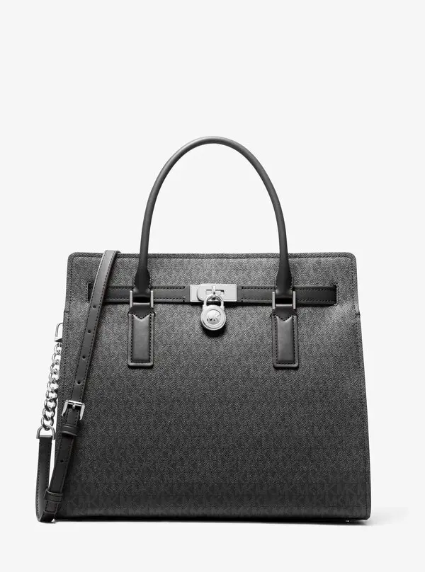 Michael Kors Hamilton Moderne Large Signature Logo Satchel In By - Black