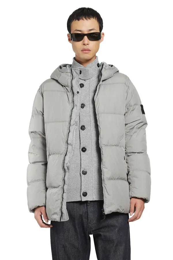 Stone Island Crinkle Reps Down Jacket With Hood - Grey