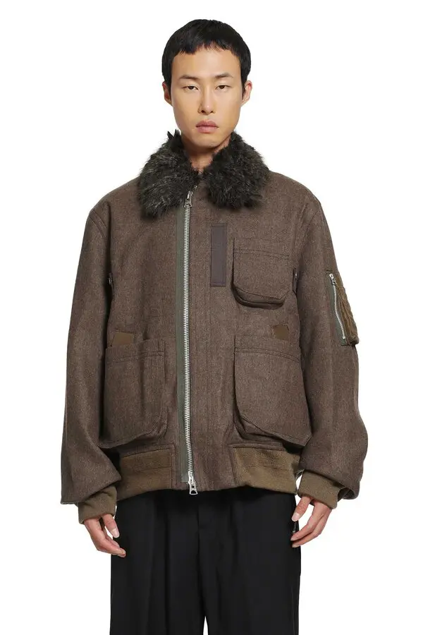 Sacai Wool Melton Blouson Jacket With Fur Collar