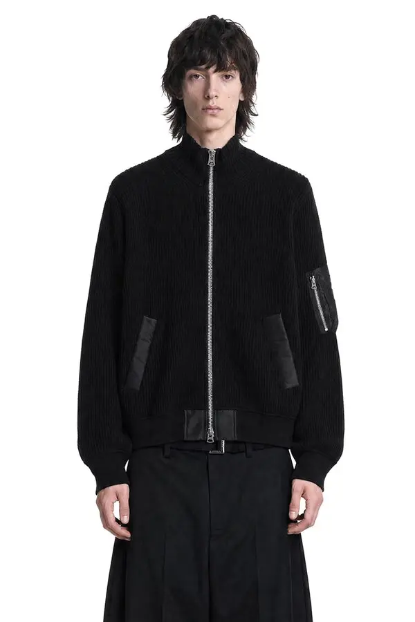 Sacai Ribbed Wool Knit Blouson With Satin Accents