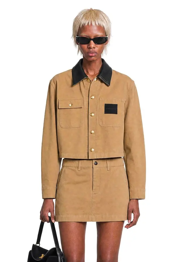 Balenciaga Cropped Workwear Jacket With Leather Collar - Beige