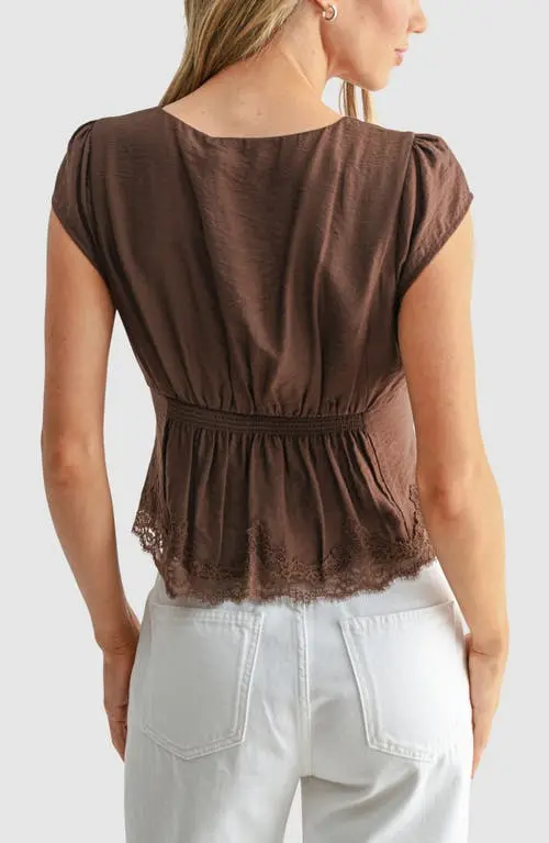 ALL IN FAVOR Lace Hem Cap Sleeve Top - Brown