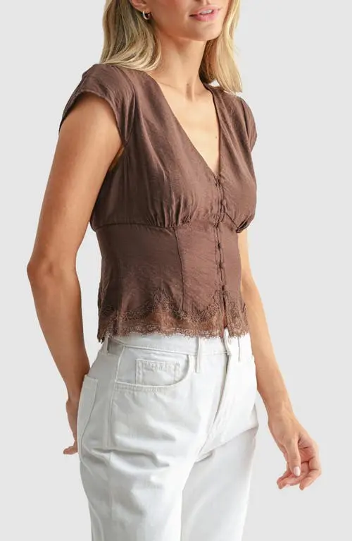 ALL IN FAVOR Lace Hem Cap Sleeve Top - Brown