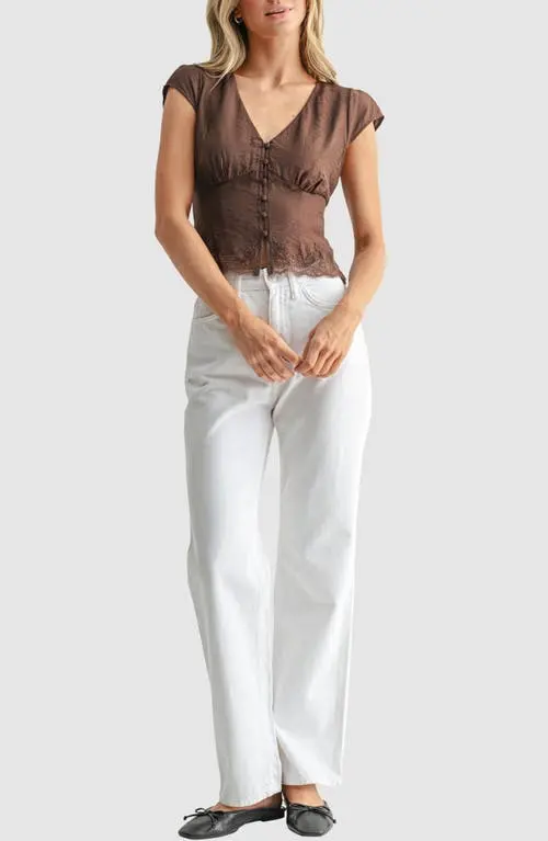 ALL IN FAVOR Lace Hem Cap Sleeve Top - Brown