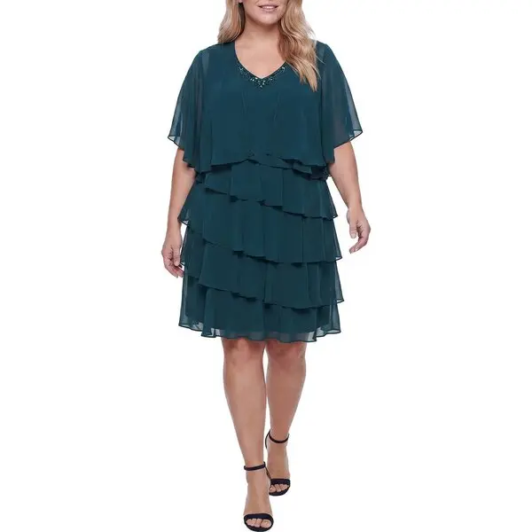 SL FASHIONS Tiered Ruffle Chiffon Dress With Jacket - Mallard