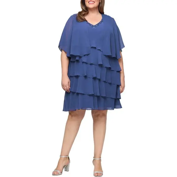 SL FASHIONS Tiered Ruffle Chiffon Dress With Jacket - Wedgewood