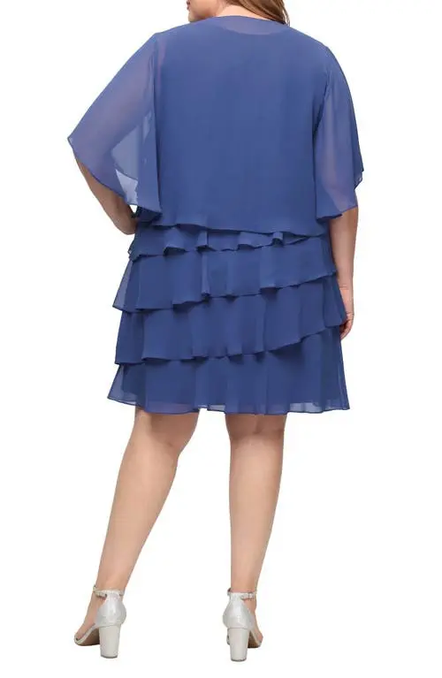 SL FASHIONS Tiered Ruffle Chiffon Dress With Jacket - Wedgewood