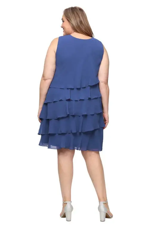 SL FASHIONS Tiered Ruffle Chiffon Dress With Jacket - Wedgewood