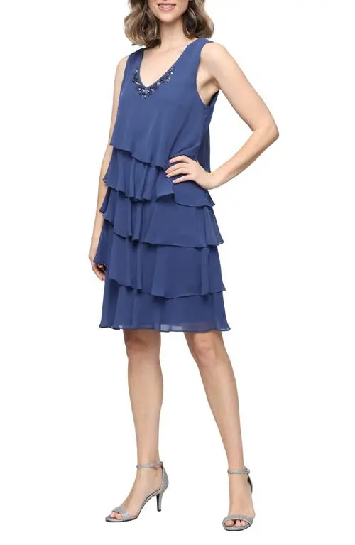 SL FASHIONS Tiered Ruffle Chiffon Dress With Jacket - Wedgewood