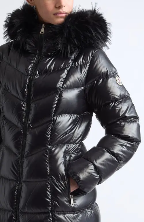 Moncler Quilted Down Coat With Faux Fur Trim - Black