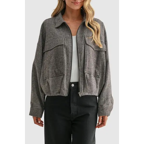 ALL IN FAVOR Herringbone Balloon Sleeve Bomber Jacket