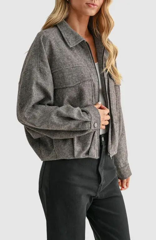 ALL IN FAVOR Herringbone Balloon Sleeve Bomber Jacket